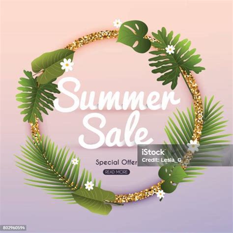 열 대 식물으로 여름 판매 배너입니다 포스터 전단지입니다 흐리게 배경입니다 벡터 일러스트입니다 개념에 대한 스톡 벡터 아트 및 기타 이미지 Istock