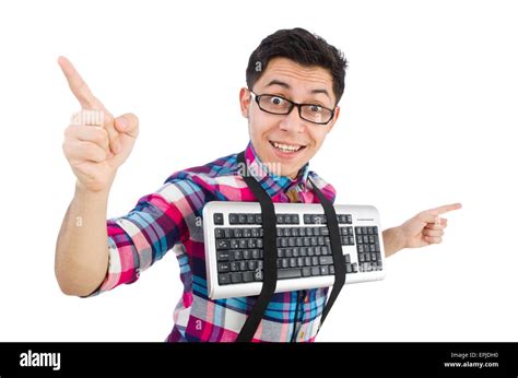 Computer Nerd With Keyboard Isolated On White Stock Photo Alamy