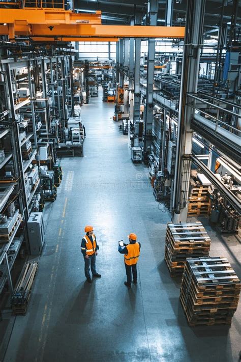 Industrial Engineers Using Tablet Discussing Work In Modern Factory Stock Image Image Of