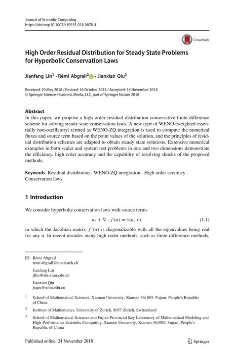 Pdf High Order Residual Distribution For Steady State Problems For Hyperbolic Conservation Laws