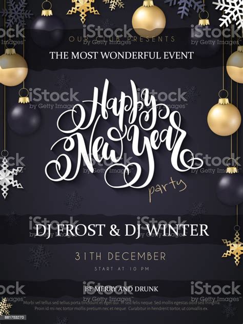 벡터 일러스트 레이 션의 크리스마스 값싼 물건과 별에 매달려 함께 핸드 레터링 라벨해피 뉴가 어와 새 해 파티 포스터 0명에 대한 스톡 벡터 아트 및 기타 이미지 Istock