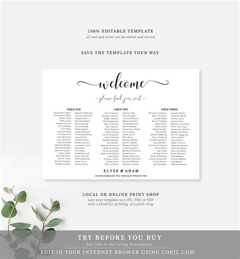 Modern Minimal Wedding Table Plan Printable Editable Seating Etsy Australia