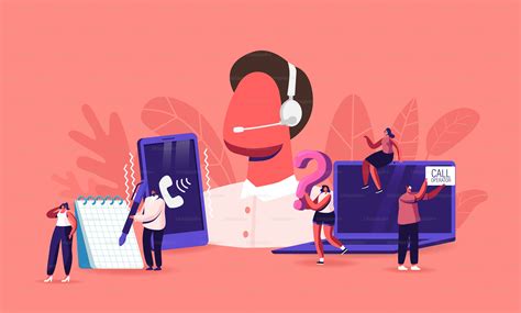 콜센터 기술 지원 또는 헤드셋의 고객 서비스 직원이 컴퓨터에서 작업합니다 운영자 및 고객 커뮤니케이션 전문가가 온라인으로 고객 문제를 해결합니다 만화 사람들 벡터