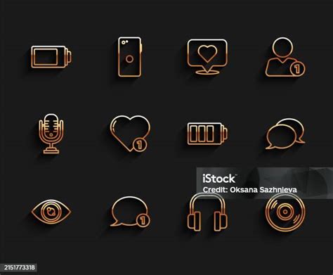 회선 눈 말풍선 채팅 배터리 충전량 표시기 헤드폰 비닐 디스크 좋아요 및 하트 아이콘을 설정합니다 벡터 Brand Name