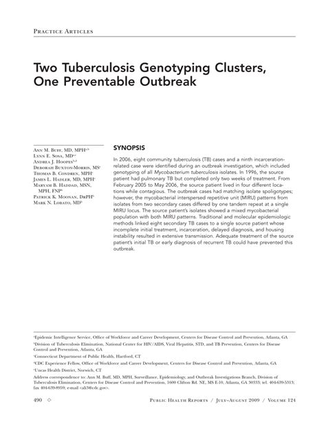 Pdf Two Tuberculosis Genotyping Clusters One Preventable Outbreak