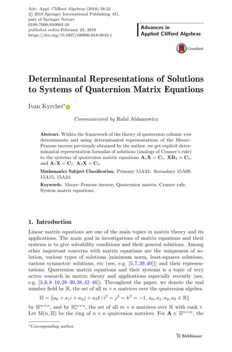Pdf Determinantal Representations Of Solutions To Systems Of Quaternion Matrix Equations