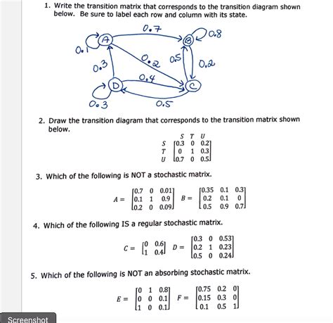 Solved 1 Write The Transition Matrix That Corresponds To