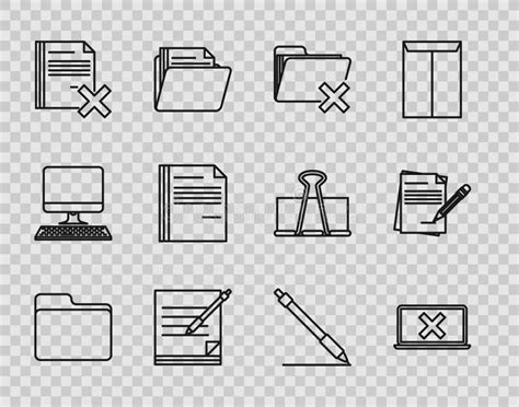 Set Line Document Folder Laptop And Cross Mark On Screen Delete Blank Notebook Pen File