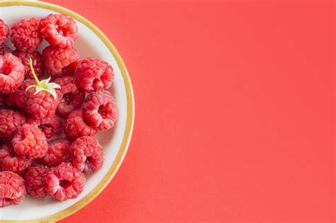 접시에 익은 라즈베리 과일 여름 베리 의 건강한 더미 최고 보기 텍스트 무료 복사 공간과 분홍색 배경에 빨간 스칼렛 라즈베리의 패턴 플랫 레이 0명에 대한 스톡 사진 및