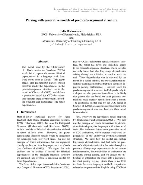 Pdf Parsing With Generative Models Of Predicate Argument Structure