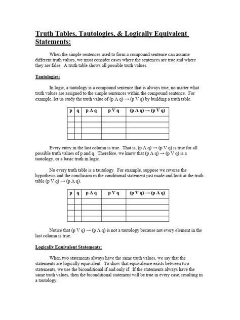 truth tables tautologiesandlogicall equivalent statements pdf if and only if truth