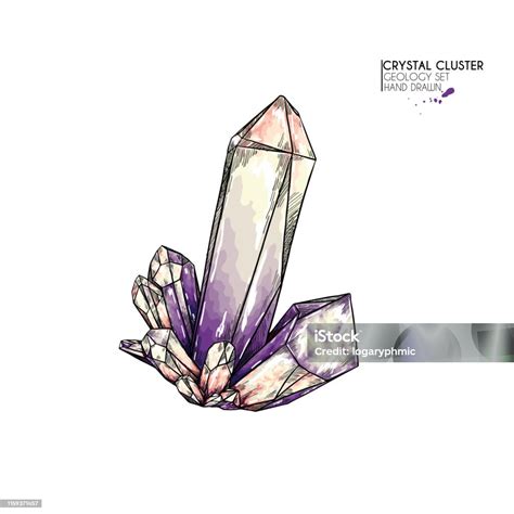 손으로 그린 크리스탈 클러스터 벡터 광물 그림입니다 자수정 또는 석영 돌 고립 된 천연 보석 지질학 세트 장식 전단지 배너 할로윈 결혼식 마녀 물건에 사용합니다 0명에 대한