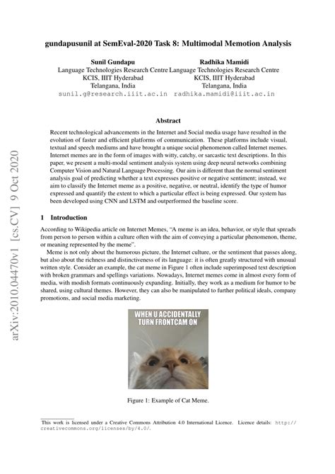 Pdf Gundapusunil At Semeval 2020 Task 8 Multimodal Memotion Analysis