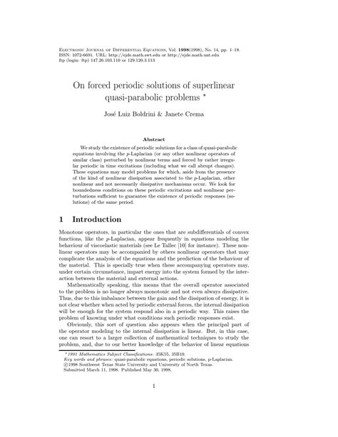 Pdf On Forced Periodic Solutions Of Superlinear Quasi Parabolic Problems