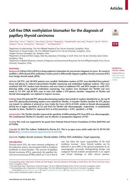 Pdf Cell Free Dna Methylation Biomarker For The Diagnosis Of Papillary Thyroid Carcinoma