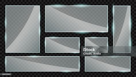 유리 화면 세트 투명한 배경에 분리된 광택 판 눈부심 빛 그림자가 있는 아크릴 텍스처 사실적인 투명 유리 창틀 벡터 일러스트 0