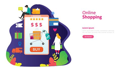 쇼핑 사람들이 활동 하는 전자 상거래를 위한 온라인 쇼핑 및 비즈니스 개념 웹 랜딩 페이지 Ui 모바일 앱 배너 템플릿 등에 적합 개념에 대한 스톡 벡터 아트 및 기타
