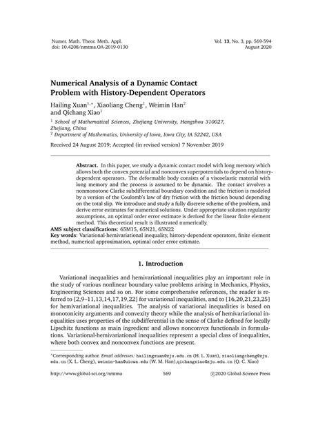 Global Science Press Numerical Analysis Of A Dynamic Contact Problem With History Dependent