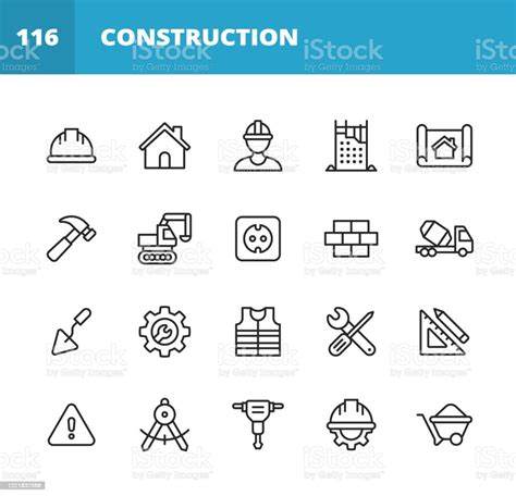 구성선 아이콘입니다 편집 가능한 스트로크입니다 픽셀 완벽한 모바일 및 웹용 건설 수리 개조 청사진 헬멧 망치 벽돌 작업 도구 주걱 경고 표지판 불도저 드릴 시멘트 파고 렌치