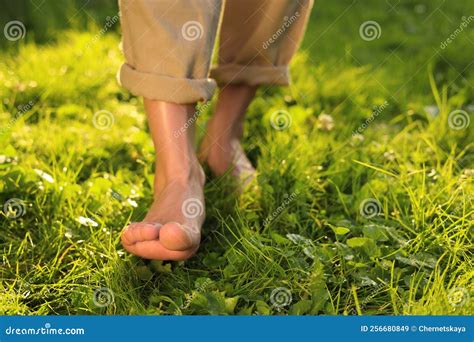 Woman Walking Barefoot On Green Grass Outdoors Closeup Stock Image