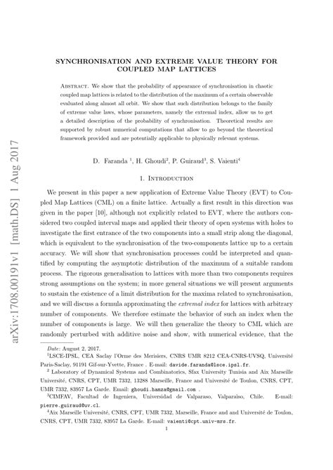 Pdf Synchronisation And Extremal Value Theory For Coupled Map Lattices