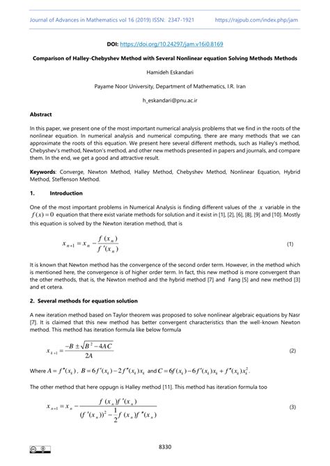 Pdf Comparison Of Halley Chebyshev Method With Several Nonlinear Equation Solving Methods Methods