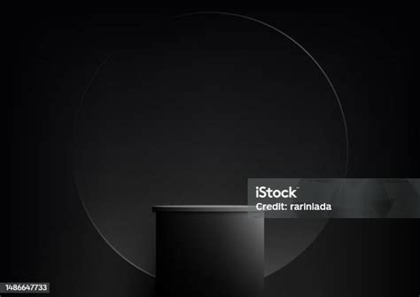 어두운 배경에 기하학적 원의 투명한 유리 배경이 있는 3d 현실적인 빈 검은색 연단 플랫폼 미니멀 스타일 0명에 대한 스톡 벡터