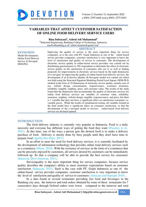 Pdf Variables That Affect Customer Satisfaction Of Online Food Delivery Service Users