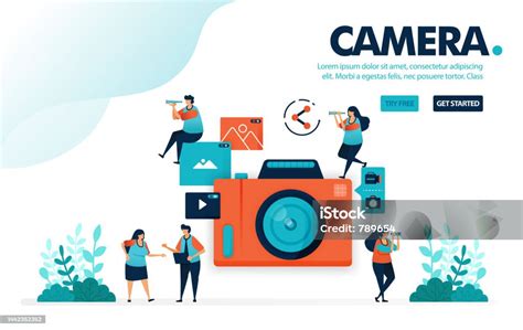 벡터 일러스트 카메라입니다 사람들은 카메라로 사진을 찍습니다 소셜 미디어에서 비디오 및 사진 공유 게시용 사진 방문 페이지 웹 배너 모바일 템플릿 전단지 포스터를 위해 설계