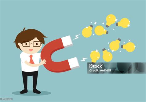 비즈니스 개념 큰 자석으로 전구를 유치 하는 사업가 벡터 그림입니다 개념에 대한 스톡 벡터 아트 및 기타 이미지 개념 경영자 금융 Istock