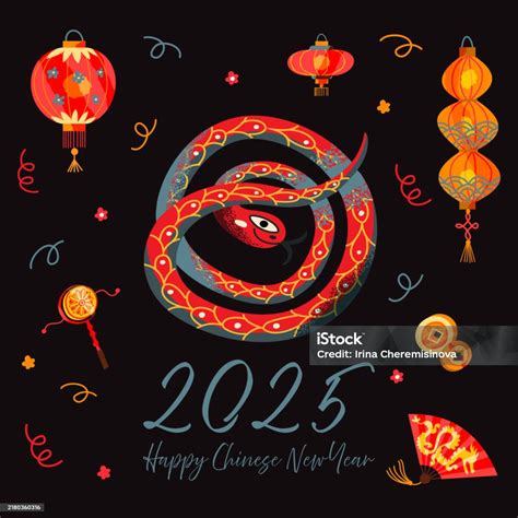 뱀의 중국 설날 2025 인사말 카드 포스터 배너 뱀 초대장 중국 음력 2025 년 기호 드럼 등불 부채 축제 동양 벡터 일러스트 레이 션은 검은 색에 고립되어 있습니다