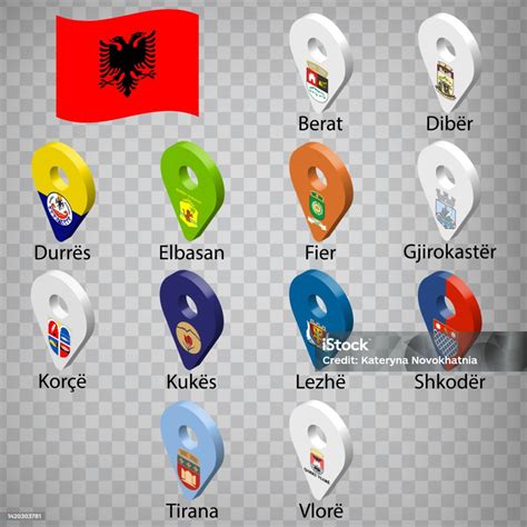 열두 깃발은 알바니아의 지역 이름과 알파벳 순서 플래그알바니아와 같은 3d 지리적 위치 표지판 세트 디자인을위한 열두 개의 3d 지리적 위치 표지판 Eps10 0명에 대한
