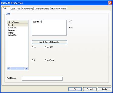 Barcode Properties Fixed Tab