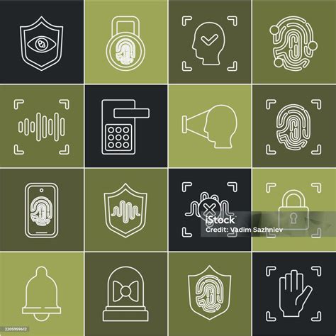 라인 손바닥 인쇄 인식 잠금 장치가 있는 지문 얼굴 디지털 도어 음성 방패 눈 스캔 및 아이콘을 설정합니다 벡터 Brand Name Smart Phone에 대한 스톡 벡터
