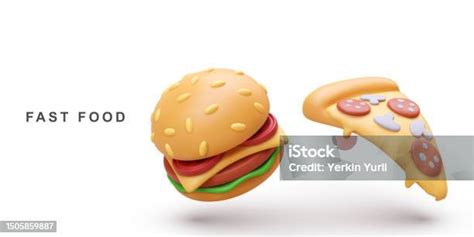 3d 현실적인 햄버거와 피자 벡터 그림입니다 피자에 대한 스톡 벡터 아트 및 기타 이미지 피자 3차원 형태 디지털 생성 이미지 Istock