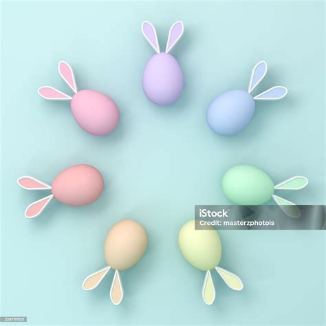 다채로운 토끼 부활절 달걀 밝은 파란색 녹색 파스텔 색상 배경에 그림자와 빈 공간 최소한의 창의적인 아이디어 부활절 날 개념 3d 렌더링 0명에 대한 스톡 사진 및 기타