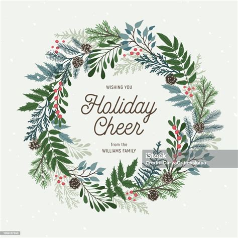 홀리 베리 겨우살이 소나무와 전나무 가지 콘 로완 베리와 크리스마스 화환 Xmas와 행복한 새해 엽서 벡터 일러스트레이션 화관에 대한 스톡 벡터 아트 및 기타 이미지