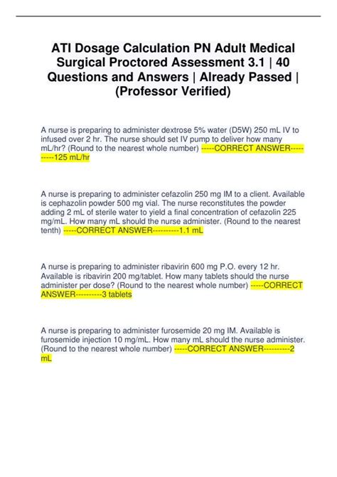 Ati Dosage Calculation Pn Adult Medical Surgical Proctored Assessment 3 1 40 Questions And