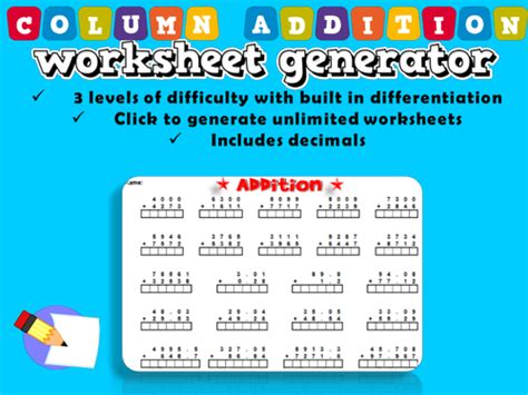 Column Addition Worksheet Generator Teaching Resources