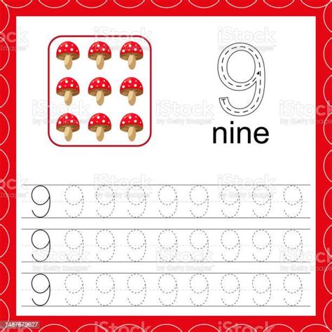 어린이용 숫자가 있는 카드 선을 추적합니다 아이들이 세고 쓰는 법을 배울 수 있습니다 아홉 번째 버섯 게임을 계산합니다 공부에 대한 스톡 벡터 아트 및 기타 이미지 Istock