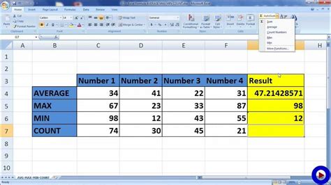 Excel Formula Average Max Min Count Youtube