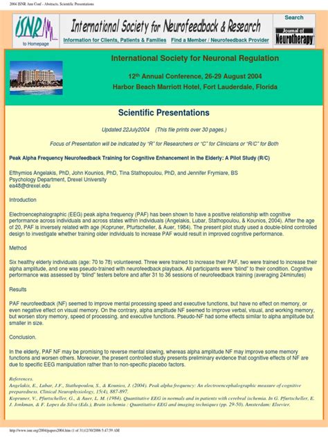 2004 Peak Alpha Frequency Neurofeedback Training For Cognitive Enhancement In The Elderly 2004