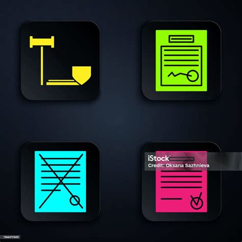 확인된 문서 및 확인 표시를 설정하고 방패로 판사 망치 파일 문서 삭제 및 채워진 양식 검은 색 사각형 버튼 벡터 가득 찬에 대한 스톡 벡터 아트 및 기타 이미지 Istock