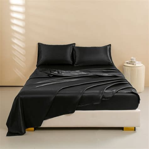 Btargot Queen Size 4pcs Black Satin Sheets Set 13 Deep Pocket Ultra