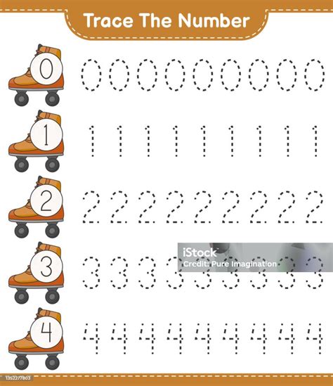 숫자를 추적합니다 롤러 스케이트와 추적 번호 교육 어린이 게임 인쇄 워크 시트 벡터 일러스트레이션 0명에 대한 스톡 벡터 아트