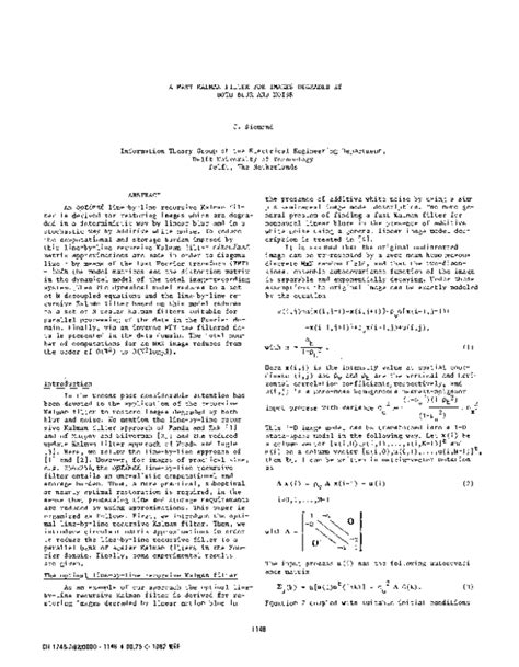 Pdf A Fast Kalman Filter For Images Degraded By Both Blur And Noise