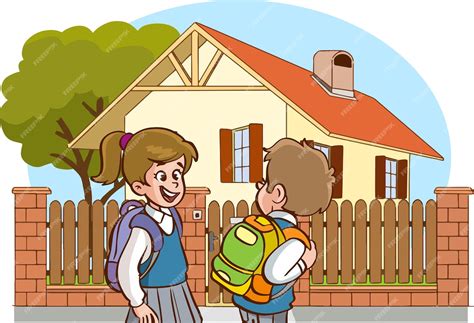 Niños Lindos Regresando A Casa De La Escuela Vector Premium