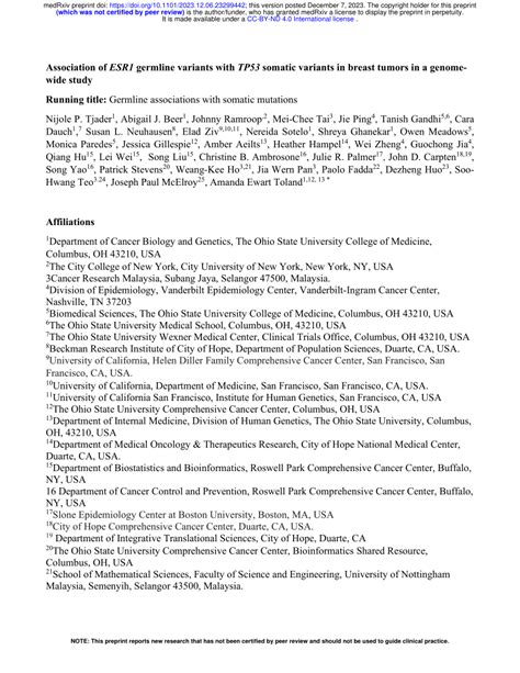 Pdf Association Of Esr1 Germline Variants With Tp53 Somatic Variants In Breast Tumors In A