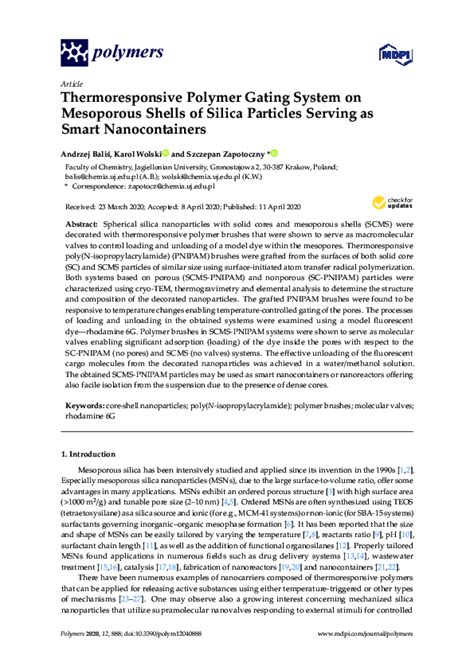 Pdf Thermoresponsive Polymer Gating System On Mesoporous Shells Of Silica Particles Serving As