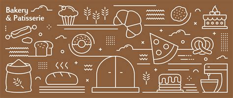 트렌디 한 선형 스타일의 벡터 베이커리와 파티세리 배너 디자인 웹 페이지 배너 프리젠 테이션라인 아트 스타일 추상 패턴 배경 주제에 대한 스톡 벡터 아트 및 기타 이미지